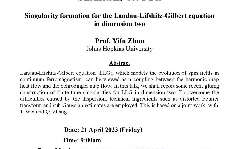 Department of Mathematics - Seminar on PDE - Singularity formation for the Landau-Lifshitz ...